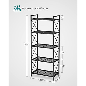 SONGMICS 5-Tier Metal Storage Rack, Shelving Unit with X Side Frames, Dense Mesh, 12.6 x 23.6 x 57.3 Inches, for Entryway, Kitchen, Living Room, Bathroom, Industrial Style, Ink Black UBSC165B01