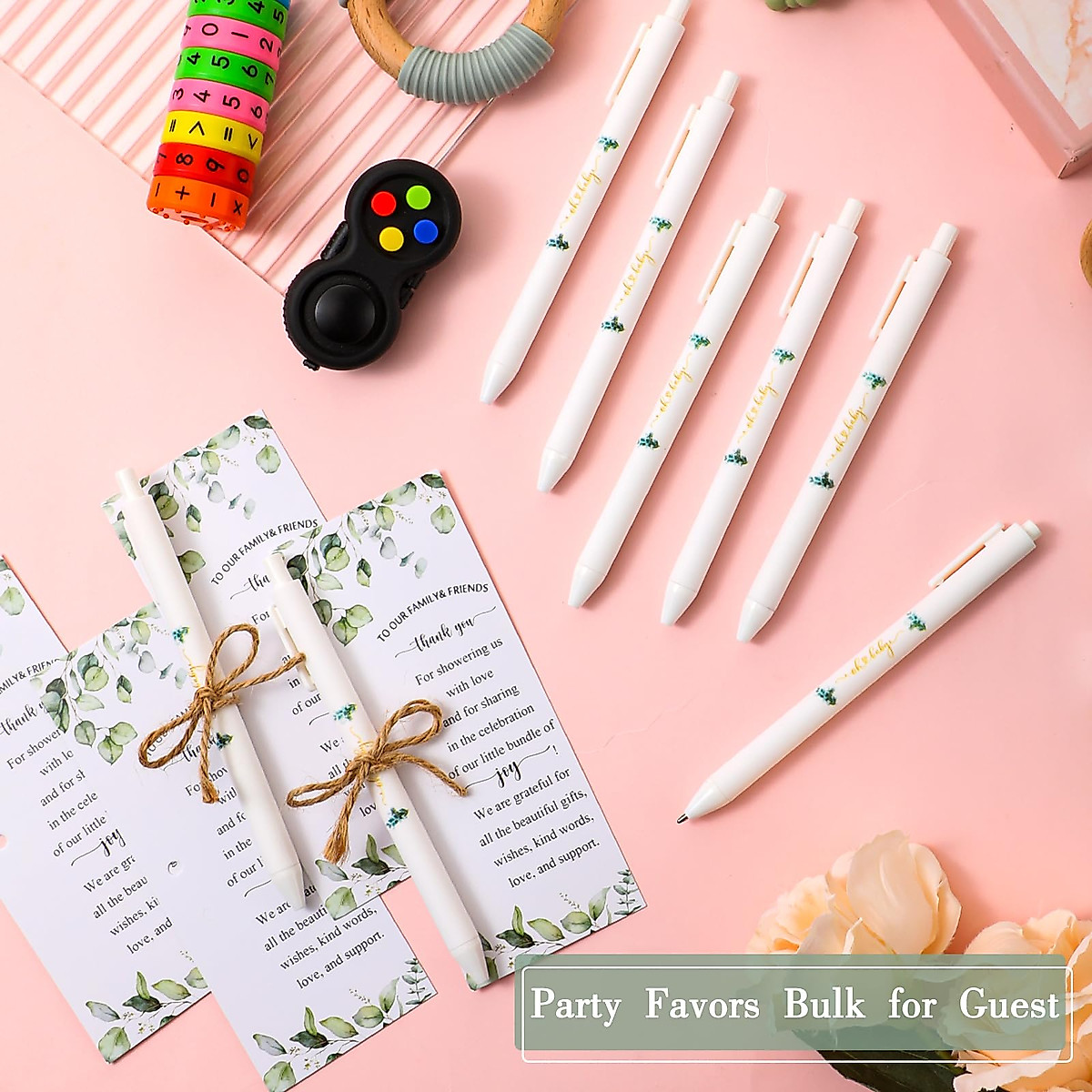 Tenceur 50 Set Baby Shower Pens Greenery Baby Shower Favor for Guest Sage Ballpoint Pens with Woodland Thank You Cards Gender Reveal Party Favor for Girl Boy Baby Shower Party Souvenirs Prizes