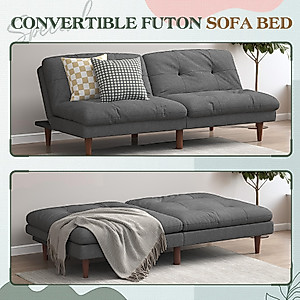 Furmax Futon Sofa Bed Modern Linen Couch Convertible Folding Futon Reclining Sleeper Sofa Couch for Small Space Apartment Loveseat with Adjustable Backrest (Dark Grey)