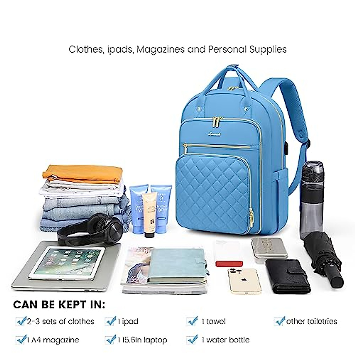 LOVEVOOK Laptop Backpack for Women, 15.6 Inch Computer Backpack for Teacher Nurse with Water Resistant, Lightweight Travel Work Backpack with USB Charging Port, Quilted Commuter Backpack, Angel Blue