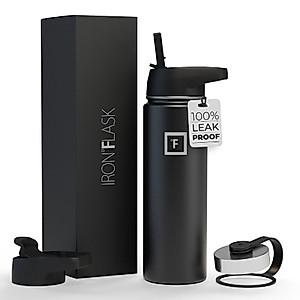 IRON °FLASK Camping & Hiking Hydration Flask, Wide Mouth, 3 Straw Lids, Stainless Steel Outdoor Water Bottle, Double Walled, Insulated Thermos, Metal Canteen - Midnight Black, 22 Oz