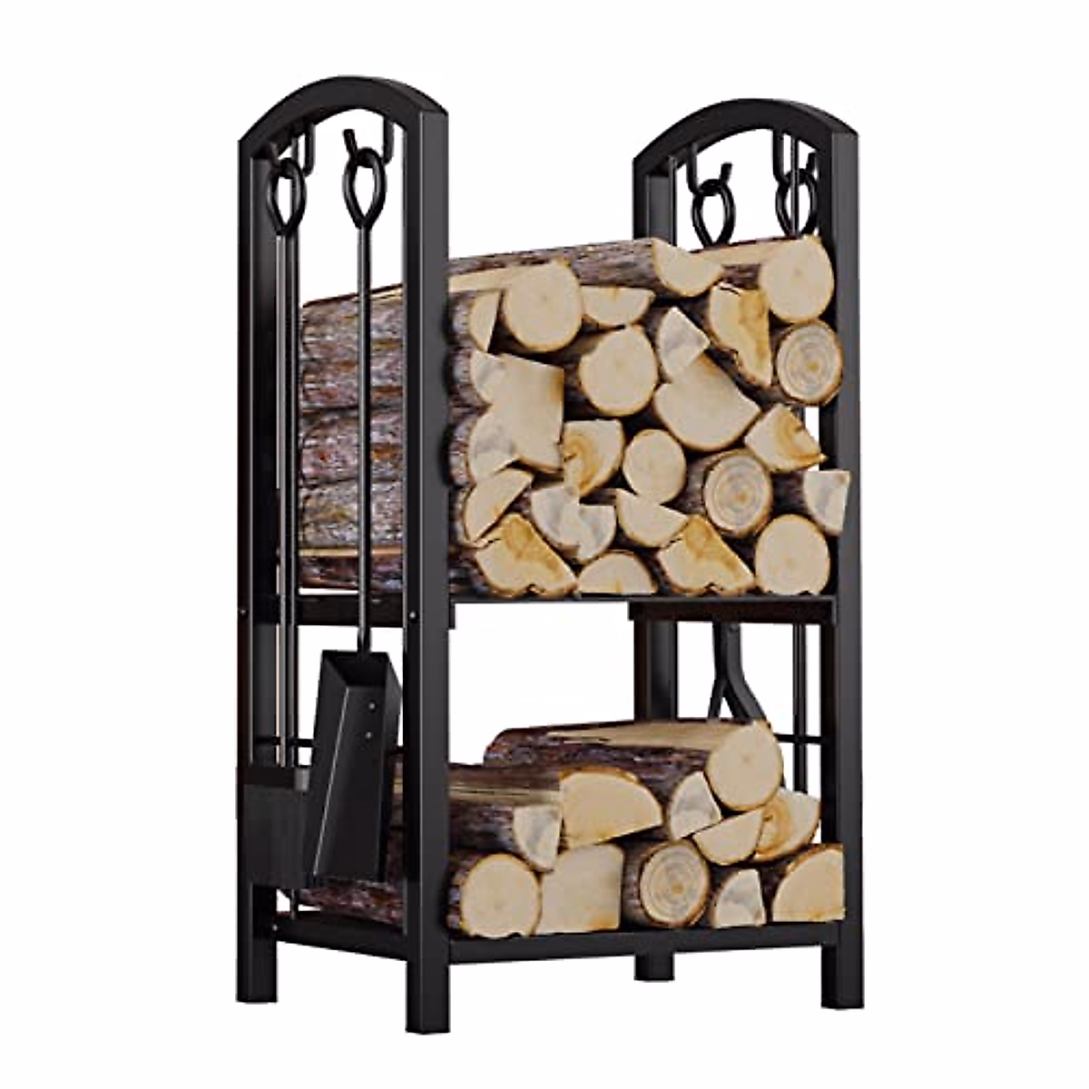 Fire Beauty Fireplace Firewood Log Rack 5-Piece Storage Logs Holder with Tools Set with 4 Tools Set Fireside Holders Wood Lumber Storage Stacking Black