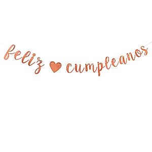 Rose Gold Glitter Feliz Cumpleanos Banner, Bunting Garlands for Celebrating Fiesta Theme/Spanish Birthday/Anniversary Party Decoration (Pre-Strung)