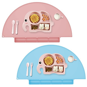 Silicone Toddler Placemats, Food Catching Baby Placemats for Kids Toddler Children Reusable Baby Food Mats for Restaurant, 2Pack,Baby Blue/Pink