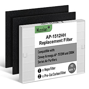 Musslan AP-1512HH Replacement Filter for Coway Airmega AP-1512HH, AP-1512HH-FP, AP-1518R, AP-1519P, and 200M Series Air Purifiers, H13 True HEPA Filter and 2 Activated Carbon Pre-Filters