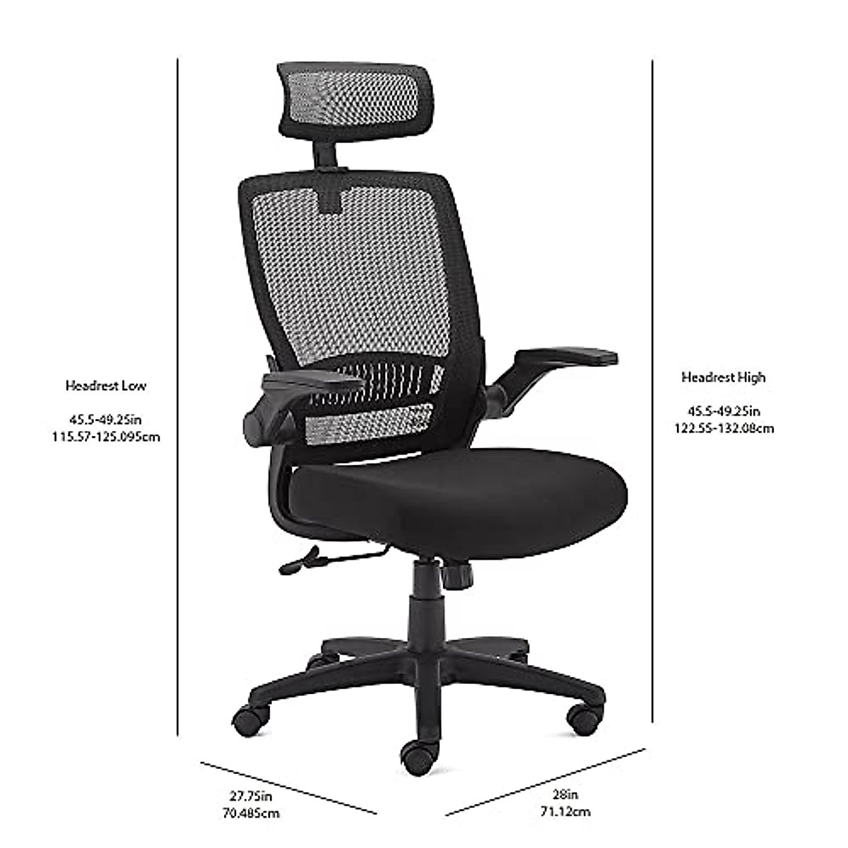 Amazon Basics Ergonomic Adjustable High-Back Mesh Chair with Flip-Up Arms and Headrest, Upholstered Mesh Seat - Black