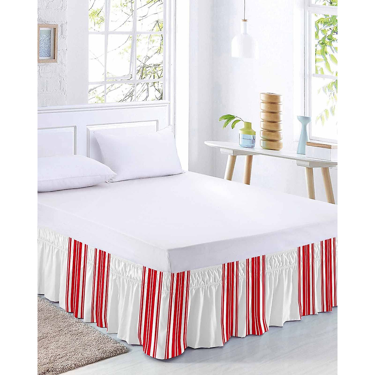 Stripes Red White Bed Skirt King Size 16 Inch Drop,Adjustable & Elastic Wrap Around Bed Skirts Pleated Luxury Dust Ruffles for Twin Full Queen Cal King Bed,Classic Casual Bohemian Geometric Art Decor