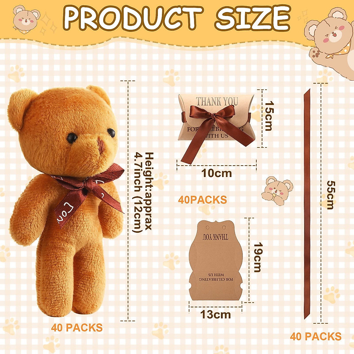 40 Sets Mini Bear Toy and Small Gift Boxes, with 40 Tiny Bear 40 Pillow Box with Ribbon Mini Bear Stuffed Animal Mini Stuffed Bears Small Favor Boxes for Wedding Birthday(Multi Colors)