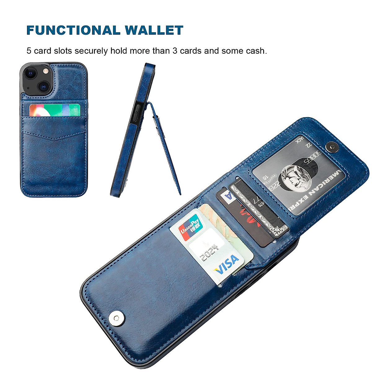 KIHUWEY Compatible with iPhone 13 Case Wallet with Credit Card Holder, Premium Leather Magnetic Clasp Kickstand Heavy Duty Protective Cover for iPhone 13 6.1 inch(Blue)