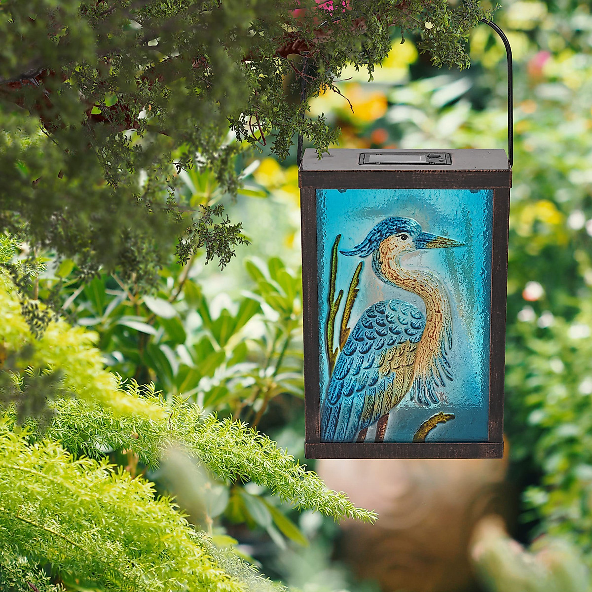 TERESA'S COLLECTIONS Glass Decorative Hanging Outdoor Solar Lanterns Bundle(2PCS) | Bee Gathering Honey Lantern and Blue Heron Lantern for Home Garden Patio Lawn Yard Decor