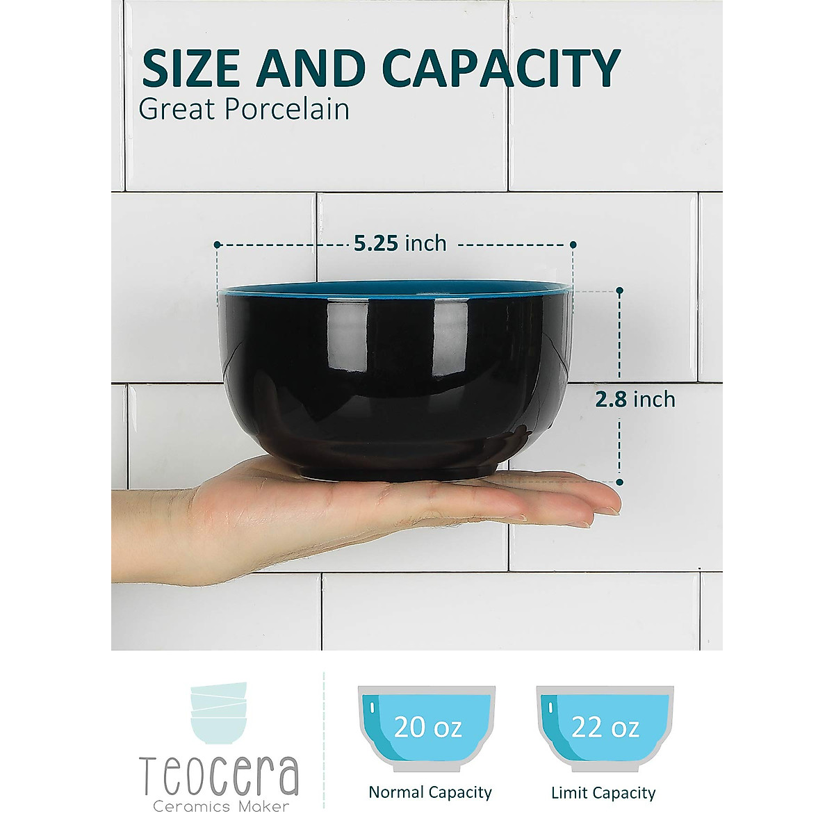 Teocera Cereal Bowl, Soup Bowls Set, Porcelain Microwave Safe Bowl, 22 Ounce for Cereal, Soup, Oatmeal - Set of 6, Black Multi Color