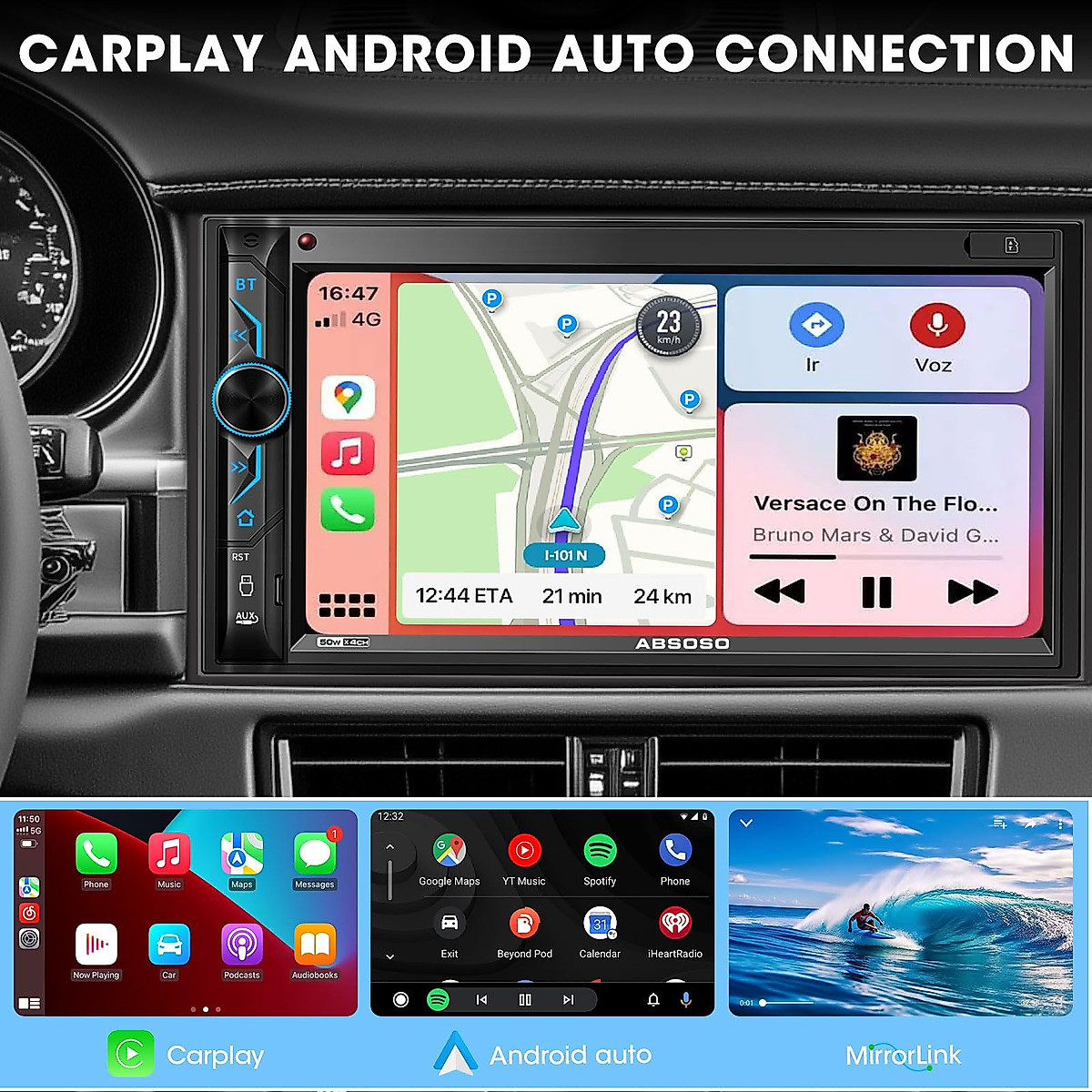 in-Dash Digital Media CarPlay Stereo - Double Din Android Auto Car Radio - 7 Inch HD Touchscreen Bluetooth Phone Link Backup Camera USB SD Aux-in AM FM Radio Wireless Remote Control