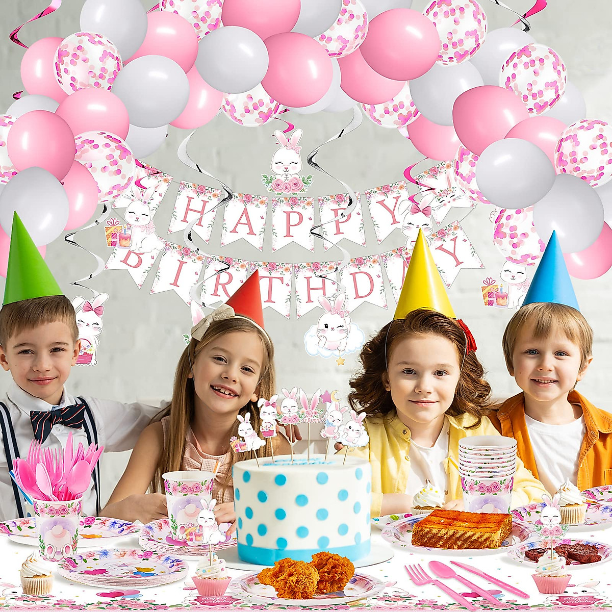 153 Pcs Easter Bunny Birthday Party Decorations Kit with Bunny Birthday Banner, Swirl, Latex Balloons, Cupcake Toppers, Paper Plate Cups Disposable Spoon for Rabbit Themed Girl Birthday Party Supplies
