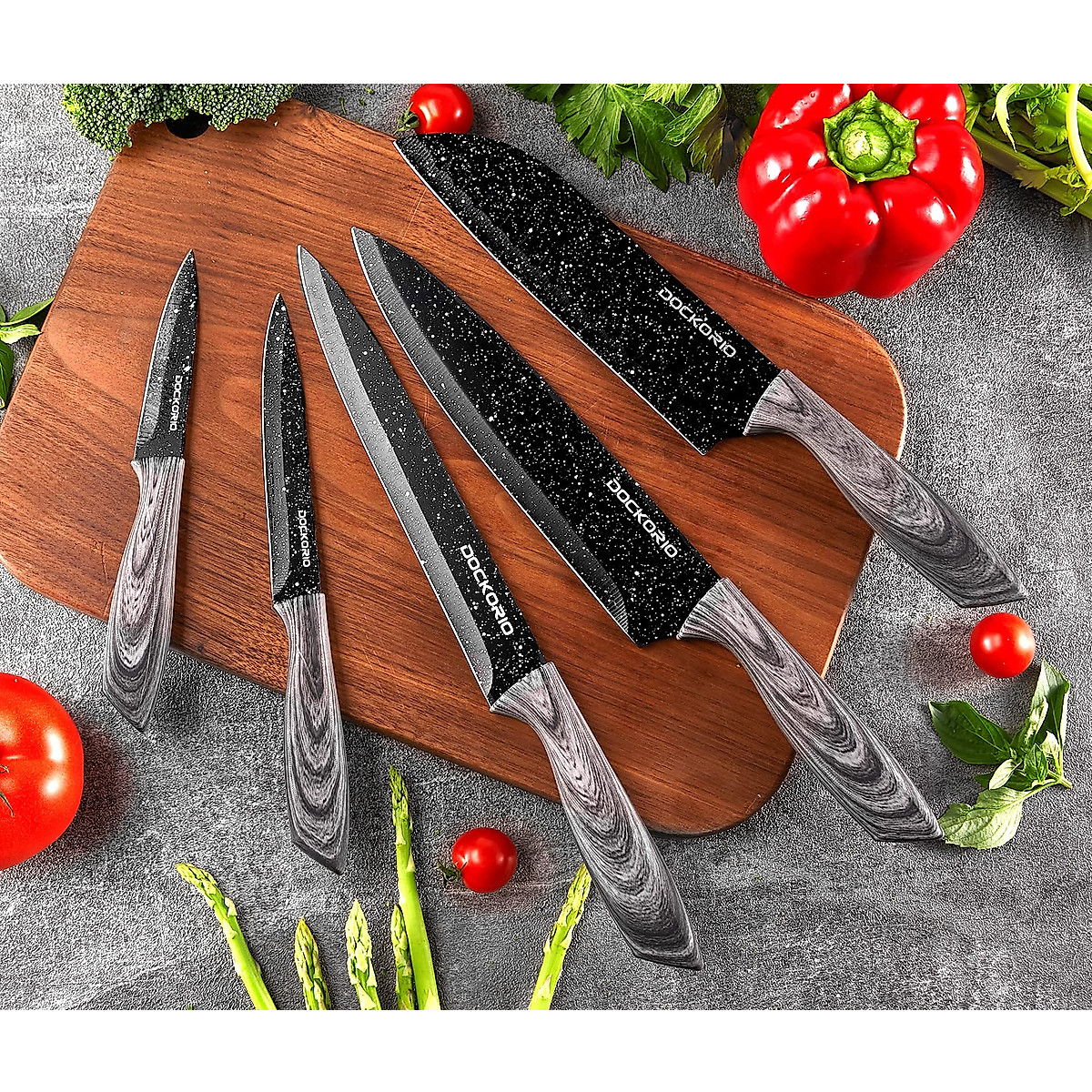 Dockorio all in one Kitchen Knife Set with Block, 19 PCS High Carbon Stainless Steel Sharp Serrated Steak Knives Set, Chef Knives, Bread Knife, Scissor, Sharpener,