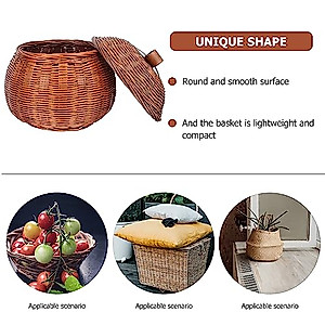 Cabilock Mini Rattan Storage Basket: Pumpkin Shaped Straw Trash Can Small Wicker Basket with Lid Round Woven Seagrass Baskets Woven Wastebasket Candy Bowl for Home Office Chocolate