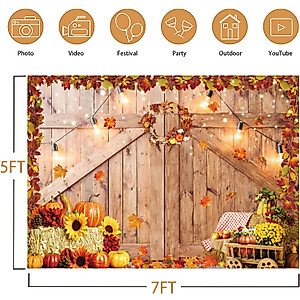 Fall Harvest Barn Backdrop Autumn Thanksgiving Wooden Farm Door Photography Background Rustic Pumpkin Maple Leaves Baby Shower Birthday Party Decorations Supplies 7x5FT