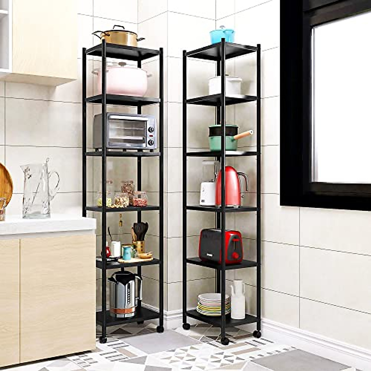 ZIGAMA 6-Tier Metal Rolling Cart Organizer with Wheels ，Adjustable Heavy Duty Free Standing Baker's Rack for Kitchens,Storage Tower for Pantry Laundry Bathroom Narrow Places