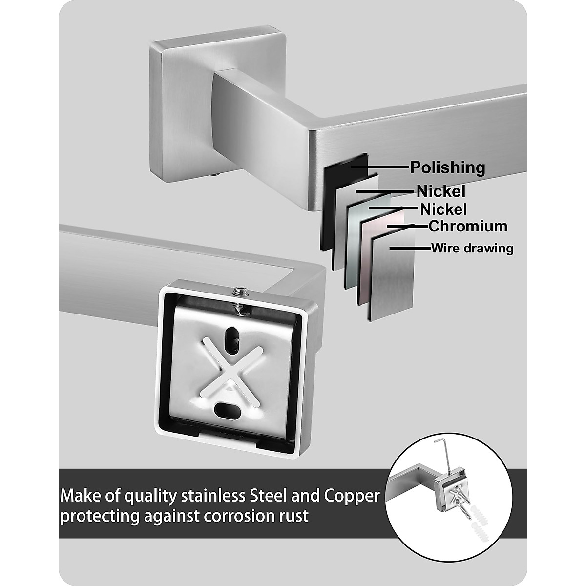 Hinmood Matte Black Bathroom Hardware Set, 5 Pieces Hardware Accessories Set SUS304 Stainless Steel Bath Towel Bar Set, Wall Mounted Towel Rack for Bathroom (Brushed Nickel, 16 Inch)