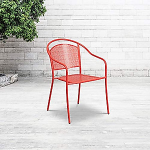 EMMA + OLIVER Commercial Grade Coral Indoor-Outdoor Steel Patio Arm Chair with Round Back
