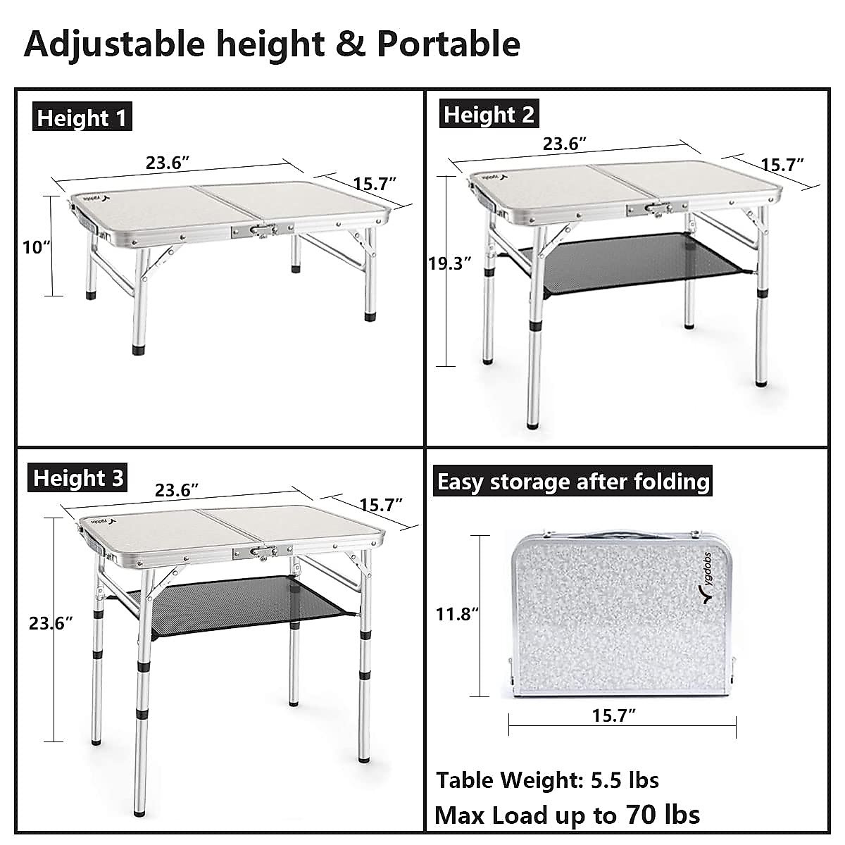 YYGDOBS Portable Folding Table 24"x16" - Aluminum Small Picnic Camping Table Lightweight Side Table for Indoor Outdoor Garden Van Truck RV(3 Adjustable Heights 10"/19"/24")