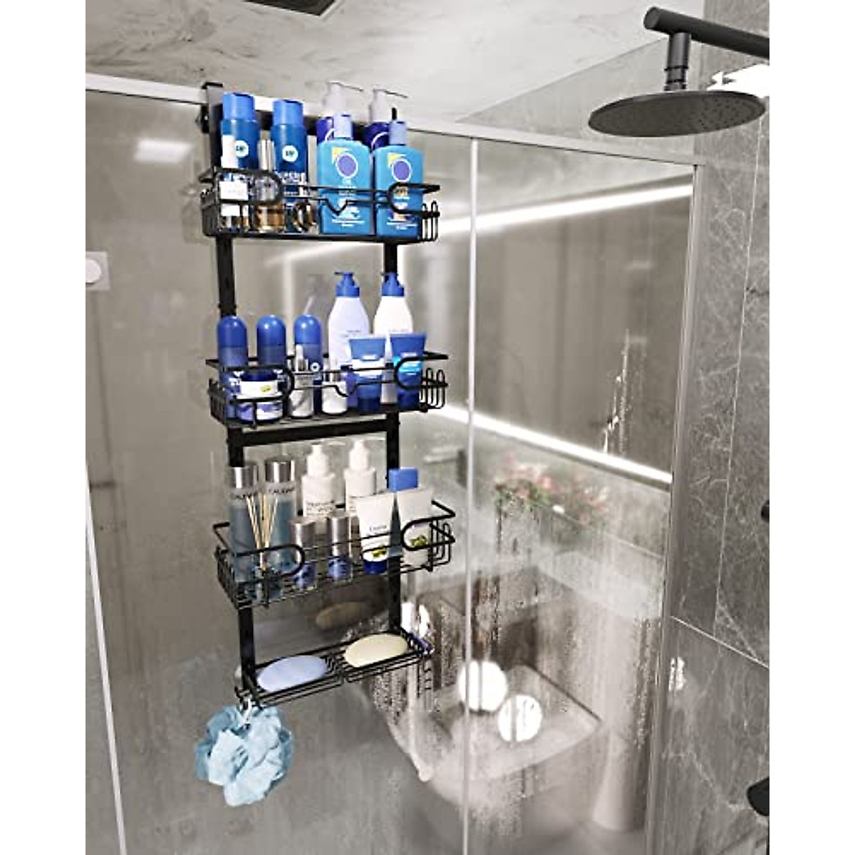Consumest 4 Tier Over The Door Shower Caddy with Soap Holder, Adjustable Shower Organizer Hanging Shower Shelf with 22 Hooks, Rustproof Stainless Steel Hanging Shower Caddy for Bathroom, Black
