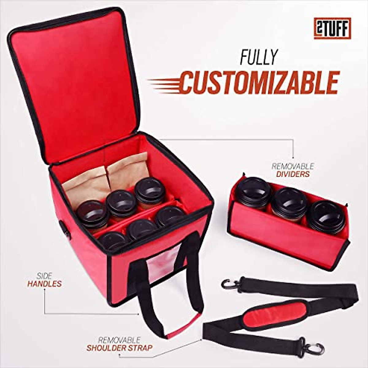 2TUFF Insulated Drink Carrier for Delivery - Reusable Drink Caddy with Handle and Shoulder Strap for Food Delivery and Takeout, Portable Cup Carrier Bag - Coffee Caddy Keeps Up To 9 Hot or Cold Drinks