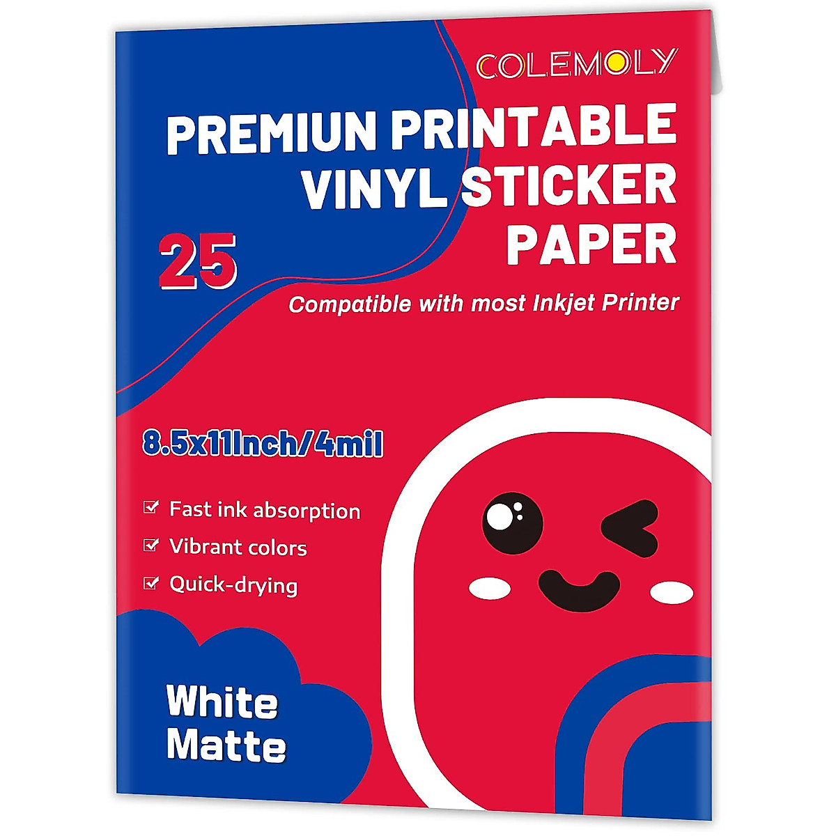 Colemoly Sticker Paper Printable Vinyl for Inkjet Printer 25 Sheets Matte White Waterproof Decals Adhesive Quick Drying Tear resistance Non-residue Label Vivid Color 8.5x11 In for Craft,Scrapbooking