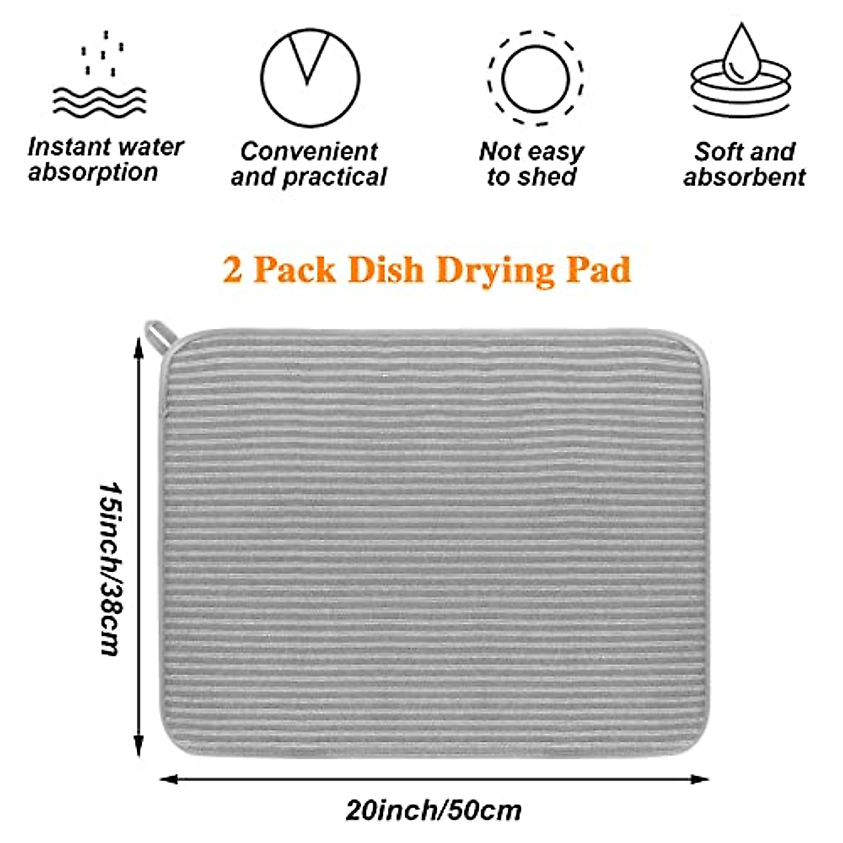 Dish Drying Mat for Kitchen Counter,Absorbent Drain Mats with Mircofiber,Dish Drying Pad,20"x15",2 Pack Grey