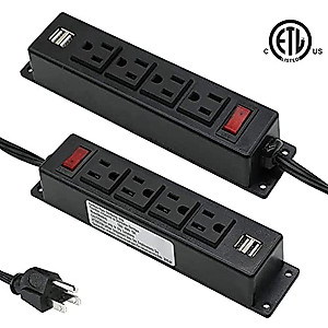 Mountable Power Strip with USB Ports,Wall Mount Power Outlets Screw Down Power Socket in Desk Under Cabinet Power Station 4AC Outlet 2 USB 6.56 Feet Extension Cord, On&Off Switch