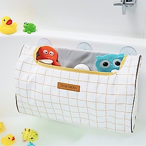 Large Bath Toy Storage with A Quick Dry Mesh Base. Sturdy Bath Toy Holder with 3 Strong Suction Cups. The Bath Toy Organizer Keeps Your Bathroom Tidy. Bathtub Toy Holder (Golden Check)