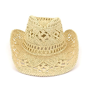 Womens Shapeable Straw Cowboy Hat Western Cowgirl One Size Travel Outdoor Sun Hats Beige