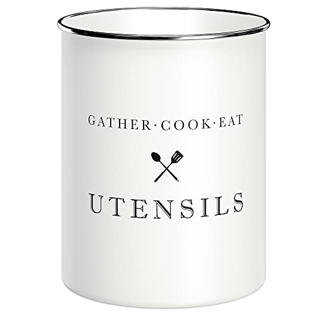 Barnyard Designs White Utensil Holder for Kitchen Countertop, Farmhouse Metal Utensil Crock, Rustic Country Decorative Kitchen Utensil Caddy Large, 5.5x6.75