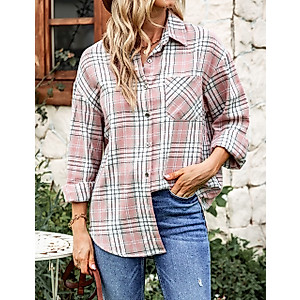 Lumister Oversized Flannel Shirt Women Long Sleeve Plaid Button Down Buffalo Shirt Blouse Tops with One Pocket(0405-Pink-L)
