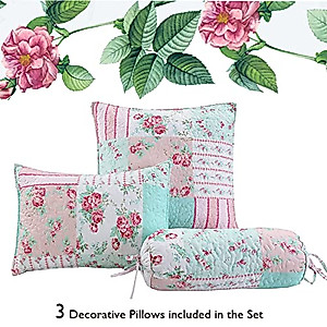 Cozy Line Home Fashions Tiffany Flower Garden Floral Polyester 3-Piece (Square, Rectangle, Bolster) Decor Throw Pillows, Pink, Blue, White