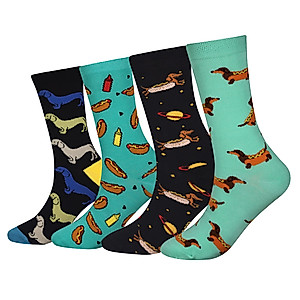 Wish Island Men's 4/5 Packs Dachshund Dog Gifts Socks Crazy Hot Dog Novelty Casual Dress Socks (Dachshund Dog - 4 pairs)