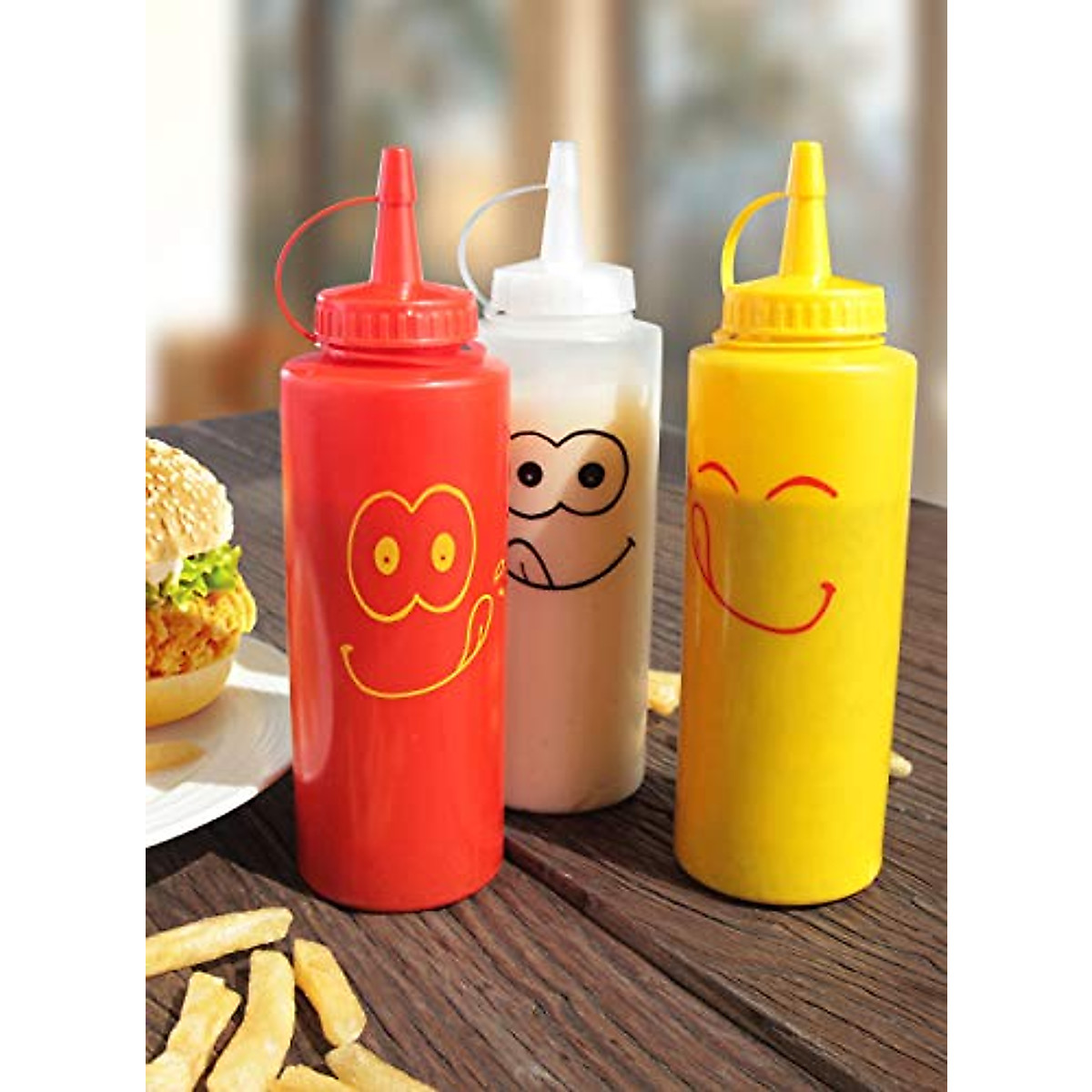 New Star Foodservice 533906 Smiley Faces Squeeze Bottle Set, Plastic, Red, Yellow, and Clear, 12 oz