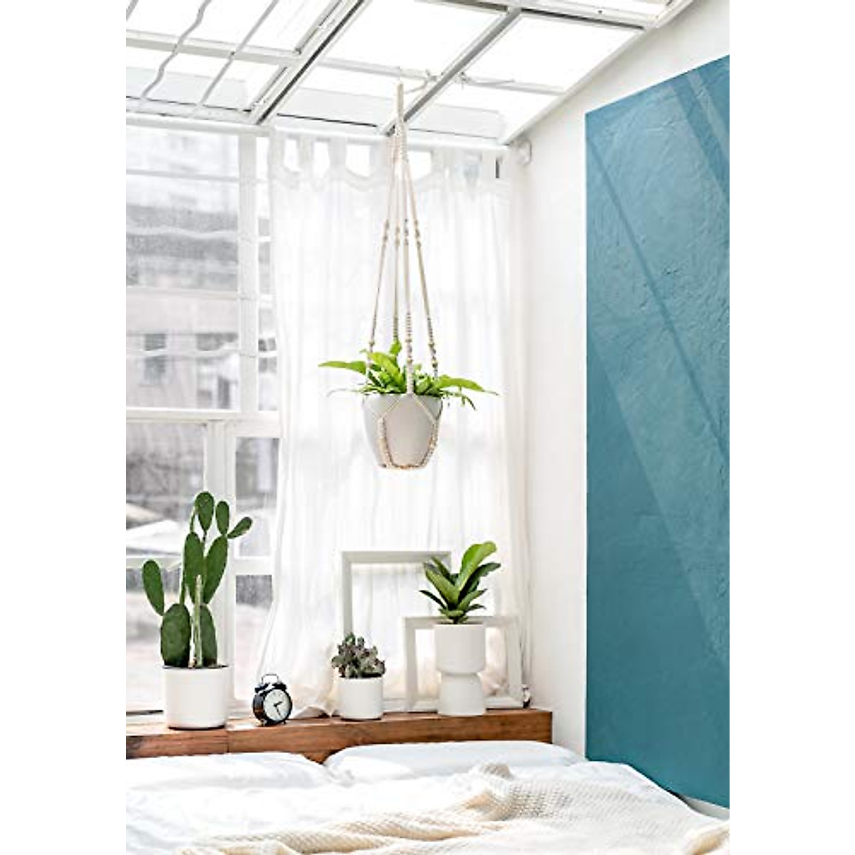 Mkono 43 Inch Macrame Plant Hanger Large for up to 12 Inch Pot Extra Long Hanging Plant Holder No Tassels Hanging Planter Basket with Wood Beads for Indoor Outdoor Boho Home Decor, Ivory