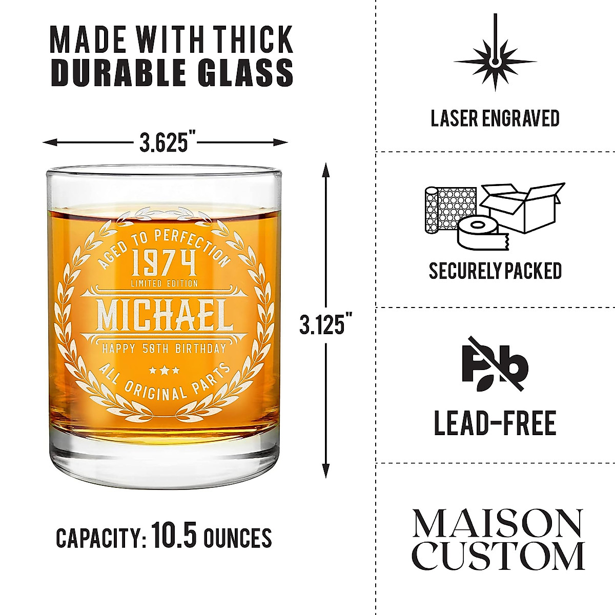 50th Birthday Gifts for Men - Personalized Whiskey Glass - Old Fashioned Funny Novelty 50 Year Old Man Gift Ideas - 50th Decorations for Dad, Husband, Friend - 50th Birthday Present for Him 1974 Gift