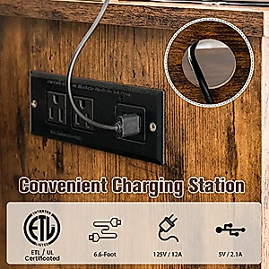 LOKO Nightstand with Charging Station, 55" Tall Bedside Table with Adjustable Shelves, Multifunctional End Table Bookcase with Open Storage Shelves, Modern Night Stand with Charger (Rustic Brown)