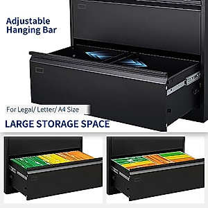 CuisinSmart File Cabinets, 3 Drawer Lateral File Cabinet for Legal/Letter/A4 FileMetal Wide Filing Organization Storage Cabinets with Lock for Home Office-Black