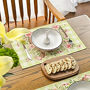 Artoid Mode Green White Bunny Rabbit Flowers Buffalo Plaid Easter Placemats Set of 4, 12x18 Inch Spring Table Mats for Party Kitchen Dining Decoration