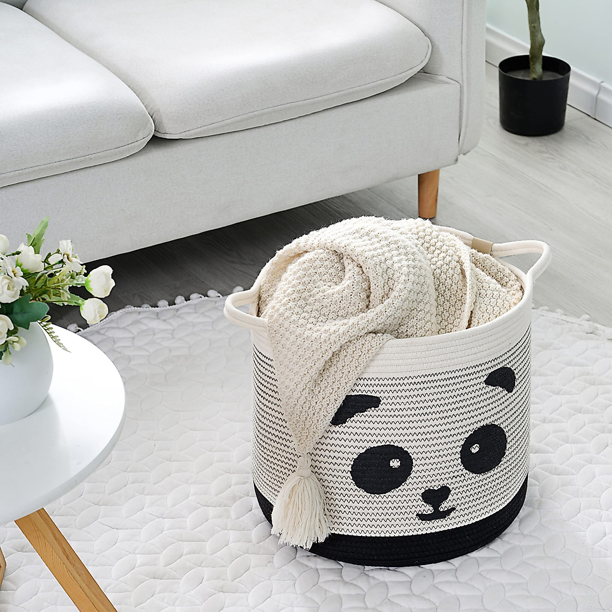 ART pinecone cotton rope basket oval woven storage basket, Cute Dog Toy Basket Cotton Basket Baby Nursery Hamper Shelf Decorative Bin,15"L x 10"W x 9"H (cute Panda, Black & White)
