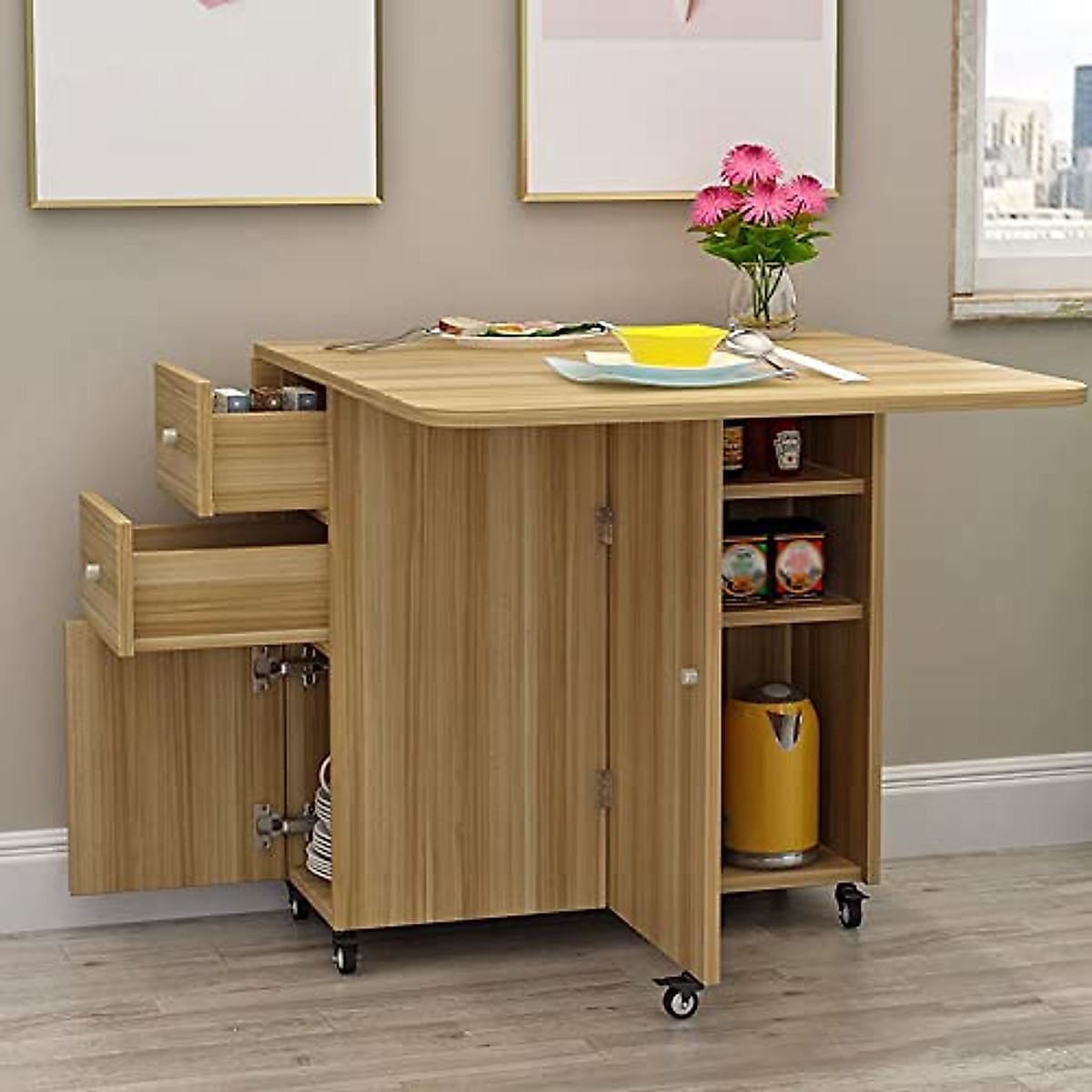 LITFAD Modern Wood Table Pedestal Dining Table with Drop Leaf Multifunction Foldable Kitchen Table - Natural Wood 47.2" L x 23.6" W x 29.5" H