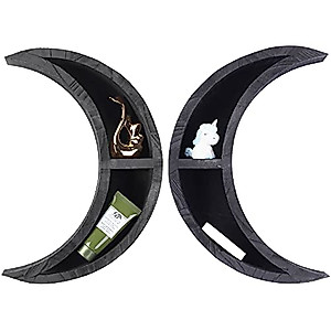Mornajina 5 Pieces 10Inch Wooden Moon Shelf for Crystal Shelf Display, Floating Crescent Moon Phase Shelf, Moon Wall Shelf for Decor Bedroom Storage (Black), Floating Shelves