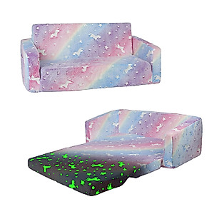 Kids Sofa Glow in The Dark Toddler Chairs Extra Wide 2 in 1 Fold Out Flip Open Baby Convertible Sofa to Lounger,2 Seats Soft Comfy Glowing Foldable Children Armchairs Kids Girls Boys Sofa Bed