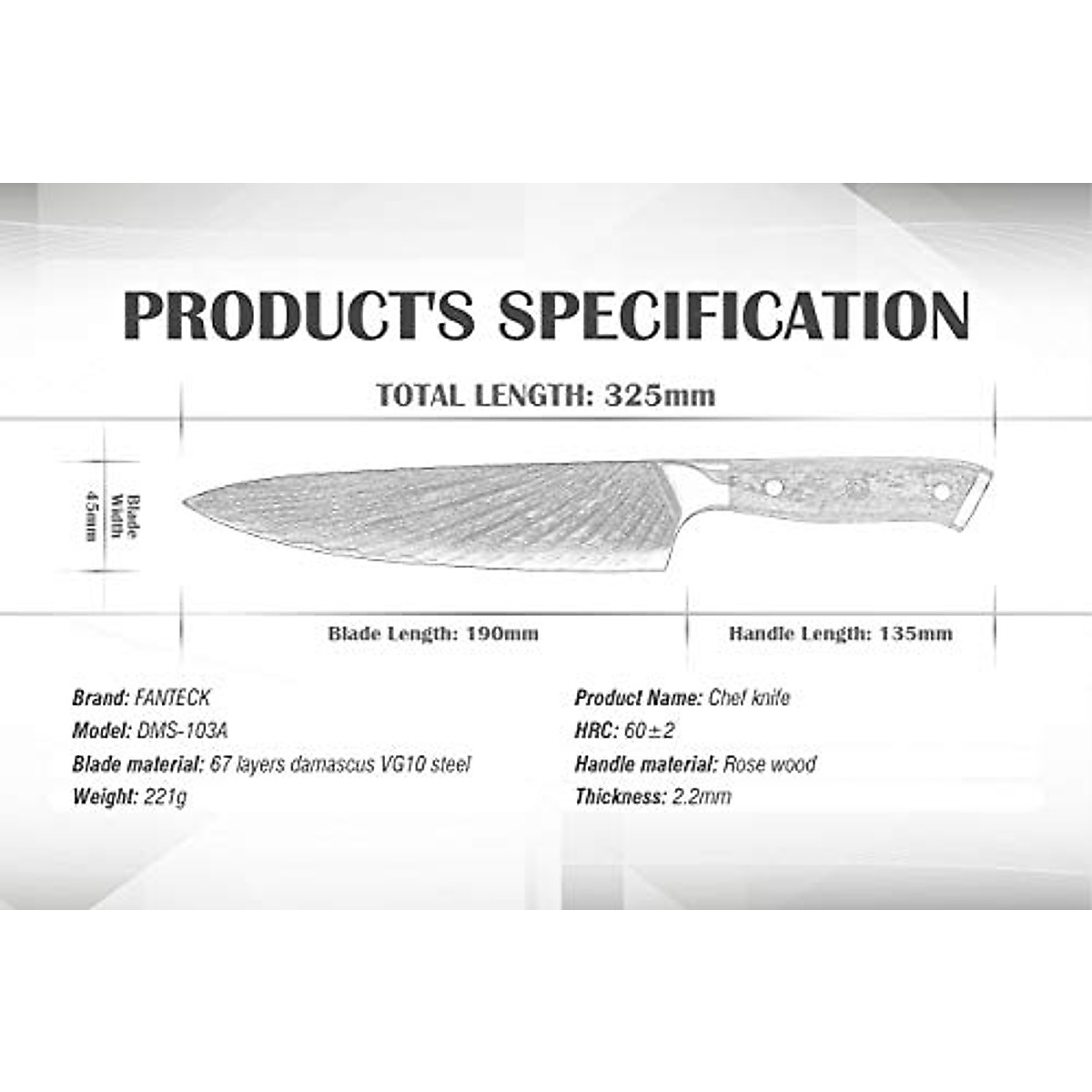 FANTECK Chef Knife 8 Inch Professional Damascus Chef Knife High Carbon 67 Layers VG-10 Damascus Knife Stainless Steel Ultra Sharp Blade Kitchen Meat Cutting Knife [Gift Box]-Ergonomic Rose Wood Handle