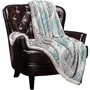 Gredice Sherpa Blankets Fleece Throw Blanket Reversible Soft Cozy Bed Blankets Abstract Seamless Plants Leaves,Flannel Sofa Throws,Grey and Teal Stripes on White Fuzzy Warm Blankets for Couch,40x50in