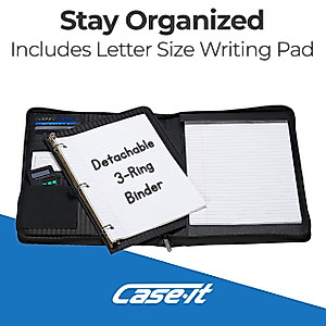 Case-it Executive Zippered Padfolio with Removable 3-Ring Binder and Letter Size Writing Pad, Black (PAD-40)