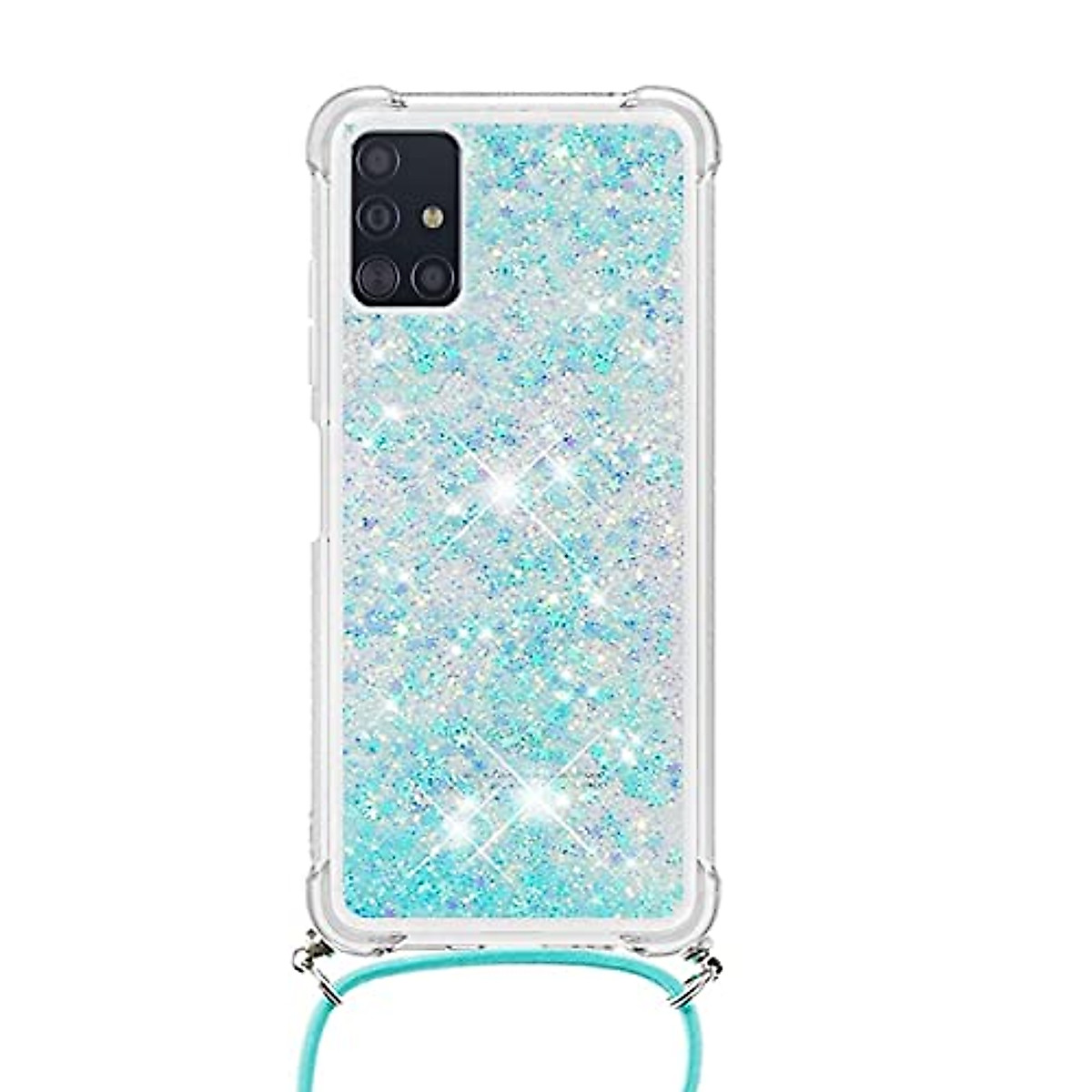 HOUSON for Samsung Galaxy A51 4G Case, Moving Liquid Holographic Sparkle Glitter Case with Crossbody Lanyard Strap, Girls Women Bling Diamond Ring Slim Protective Case for Galaxy A51 4G Blue