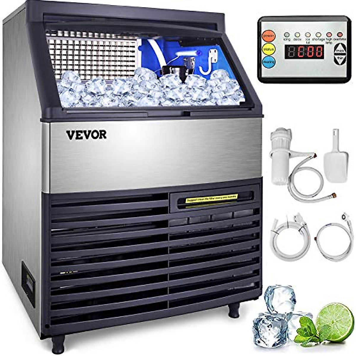 VEVOR 110V Commercial Ice Machine 440LBS/24H with 77LBS Bin, Full Cube, LED Panel, Stainless Steel, Air Cooling, ETL Approved, Professional Refrigeration Equipment, Include Scoop and Connection Hose